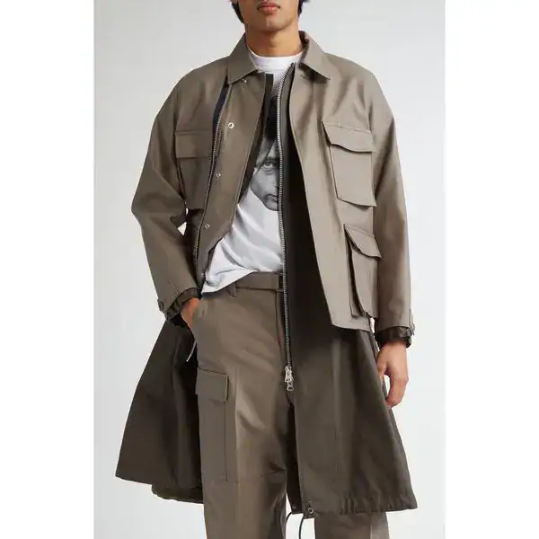 Sacai X Wtaps® Layered Mixed Media Coat - Taupe/ Dark Khaki
